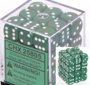 chessex opaque 12mm d6 green w/white dice block 36 dice