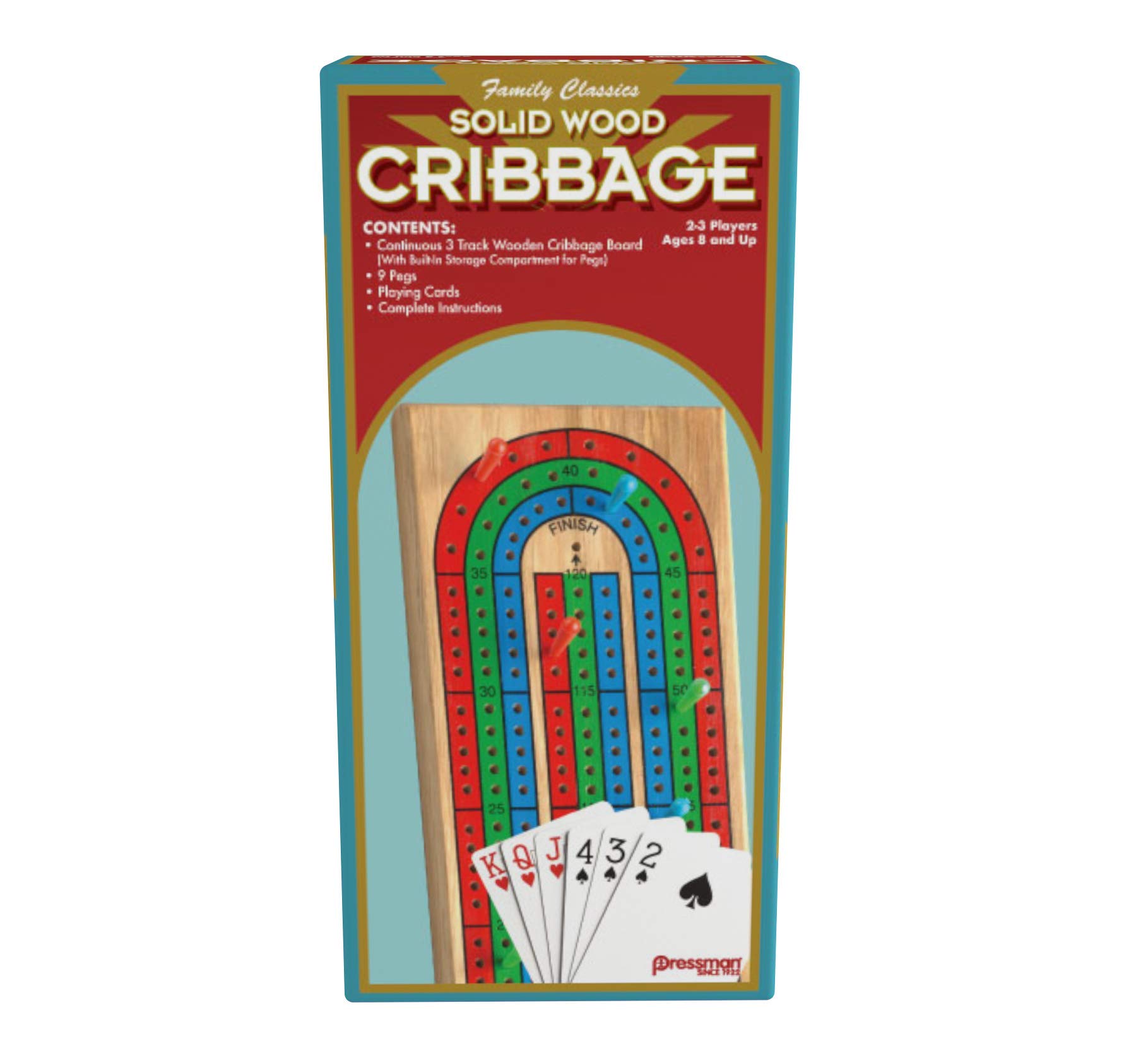 Family Classics Cribbage - Solid Wood Continuous 3 Track Board with Built-In Storage Compartment for Pegs