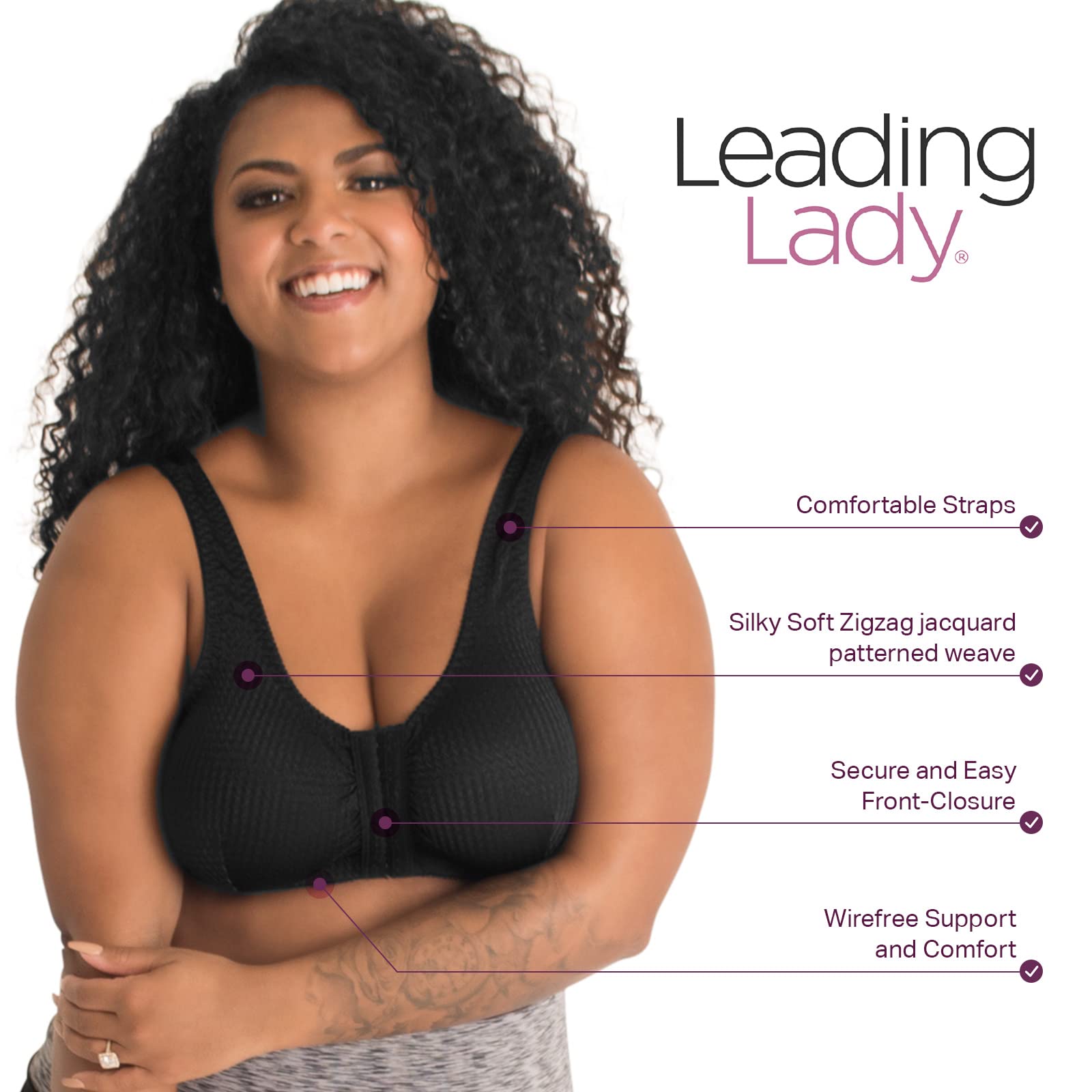 Leading Lady Women's Plus-Size Zig-Zag Weave Sleep Leisure Bra, Black, 46 B/C/D