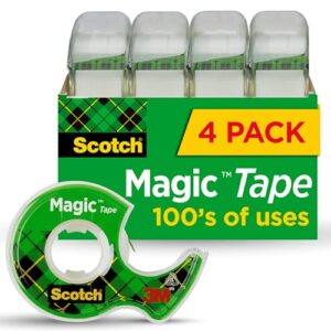 scotch magic tape, invisible, home office supplies and back to school supplies for college and classrooms, 4 rolls with 4 dispensers