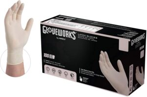 gloveworks industrial ivory latex gloves, box of 100, 4 mil, size small, powder free, textured, disposable, tlf42100-bx, white