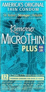 kimono microthin plus - premium lubricated natural latex condoms, ultra thin with extra moisture and aqualube, vegan-friendly, no latex odor - enhanced sensitivity - pack of 12