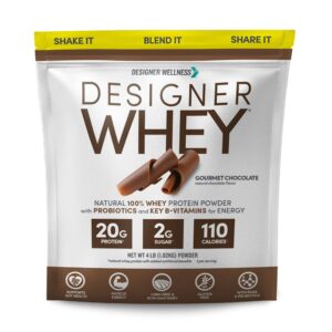 designer wellness, designer whey, natural whey protein powder with probiotics, fiber, and key b-vitamins for energy, gluten-free, gourmet chocolate 4 lb