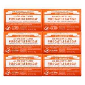 dr. bronner's - pure-castile bar soap (tea tree, 5 ounce, 6-pack) - made with organic oils, for face, body, hair & dandruff, gentle on acne-prone skin, biodegradable, vegan, non-gmo