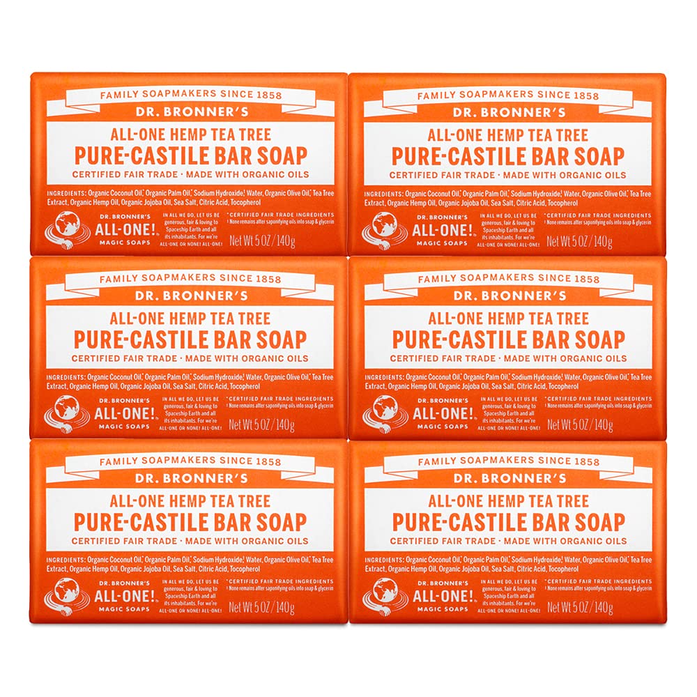 Dr. Bronner's - Pure-Castile Bar Soap (Tea Tree, 5 ounce, 6-Pack) - Made with Organic Oils, For Face, Body, Hair & Dandruff, Gentle on Acne-Prone Skin, Biodegradable, Vegan, Non-GMO