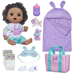 baby alive bunny sleepover baby doll, bedtime-themed 12-inch dolls, sleeping bag & bunny-themed doll accessories, toys for 3 year old girls and boys and up, black hair (amazon exclusive)