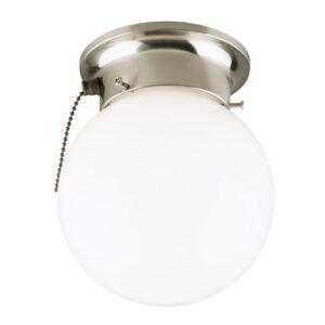 westinghouse 6720800 one-light flush-mount interior ceiling fixture with pull chain, brushed nickel finish with white glass globe,