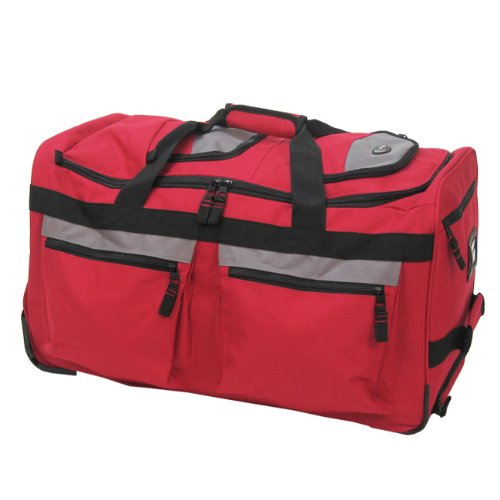 Olympia U.S.A. 26 inch Jumbo size 8 Pocket U shaped Lightweight Water Resistant Rolling Duffel Bag, Suitcase with Push Button Hide Away Retractable Handle, Red