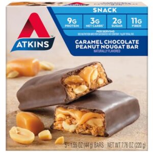 atkins caramel chocolate peanut nougat snack bar, protein snack, high in fiber, 2g sugar, keto friendly, 5 count