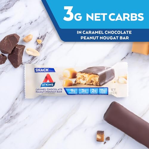 Atkins Caramel Chocolate Peanut Nougat Snack Bar, Protein Snack, High in Fiber, 2g Sugar, Keto Friendly, 5 Count