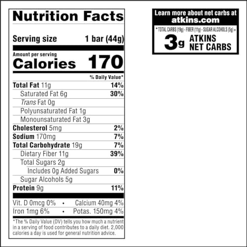 Atkins Caramel Chocolate Peanut Nougat Snack Bar, Protein Snack, High in Fiber, 2g Sugar, Keto Friendly, 5 Count