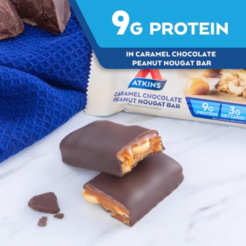 Atkins Caramel Chocolate Peanut Nougat Snack Bar, Protein Snack, High in Fiber, 2g Sugar, Keto Friendly, 5 Count