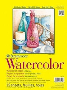 strathmore 300 series watercolor paper pad, tape bound, 9x12 inches, 12 sheets (140lb/300g) - artist paper for adults and students - watercolors, mixed media, markers and art journaling