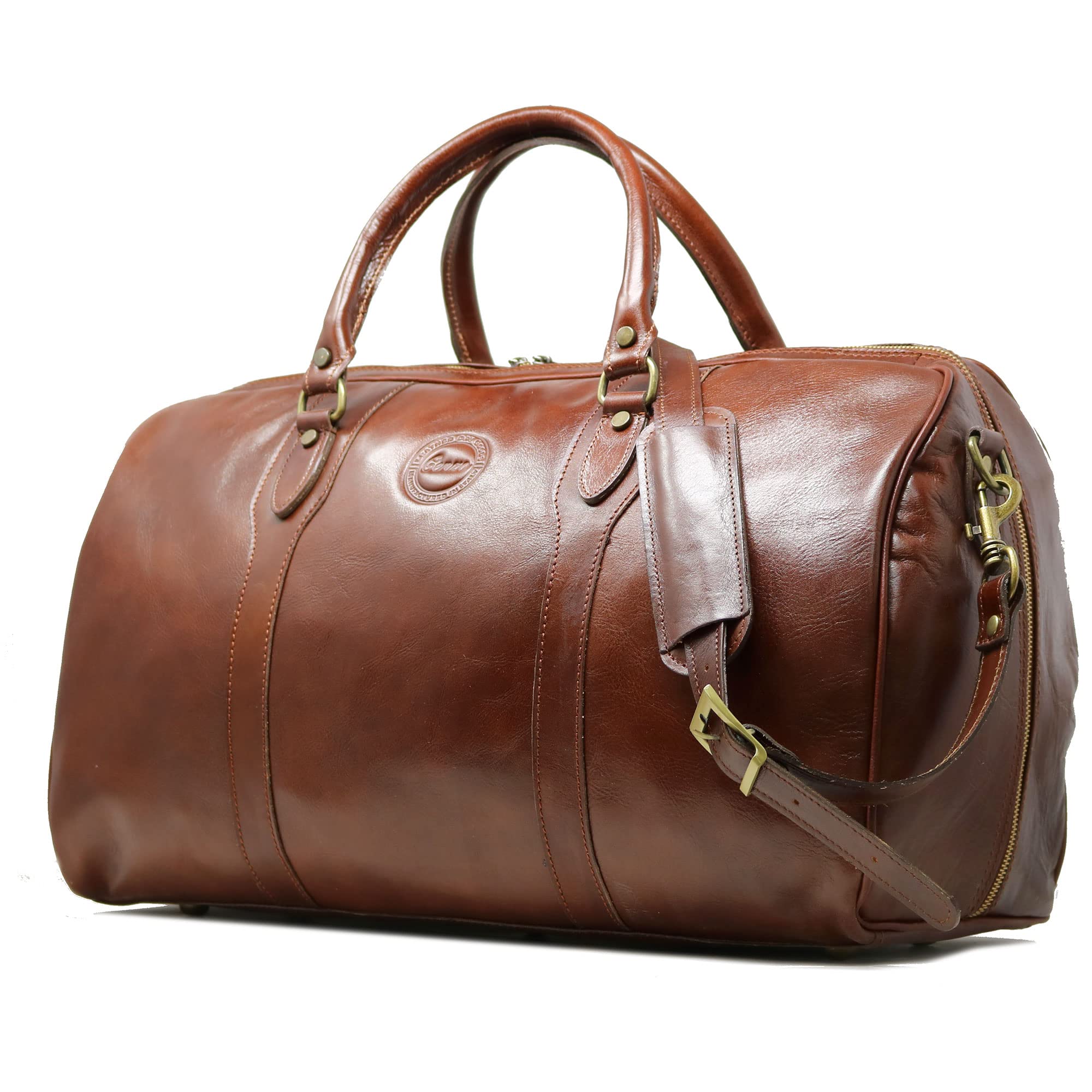 Cenzo Duffle Vecchio Brown Italian Leather Weekender Travel Bag