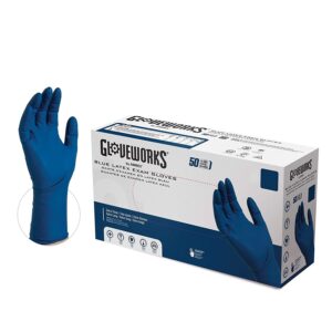 gloveworks hd medical blue latex gloves, box of 50, 13 mil, size medium, 12 inches long, powder free, textured, disposable, non-sterile, gplhd84100bx