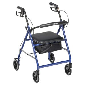 drive medical aluminum rollator walker fold up and removable back support, padded seat, 6" wheels, blue,r726bl