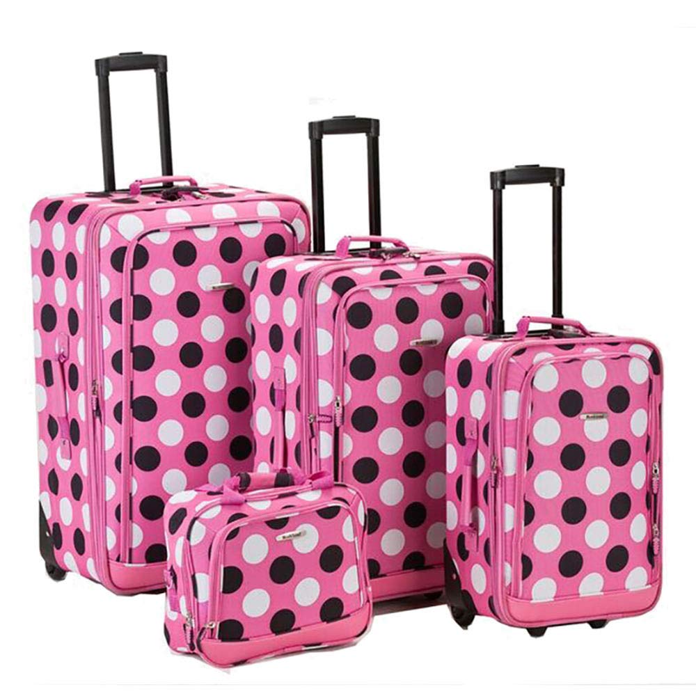 Rockland Escape 4-Piece Softside Upright Luggage Set,telescoping Handles, Pink Dots, (14/19/24/28)