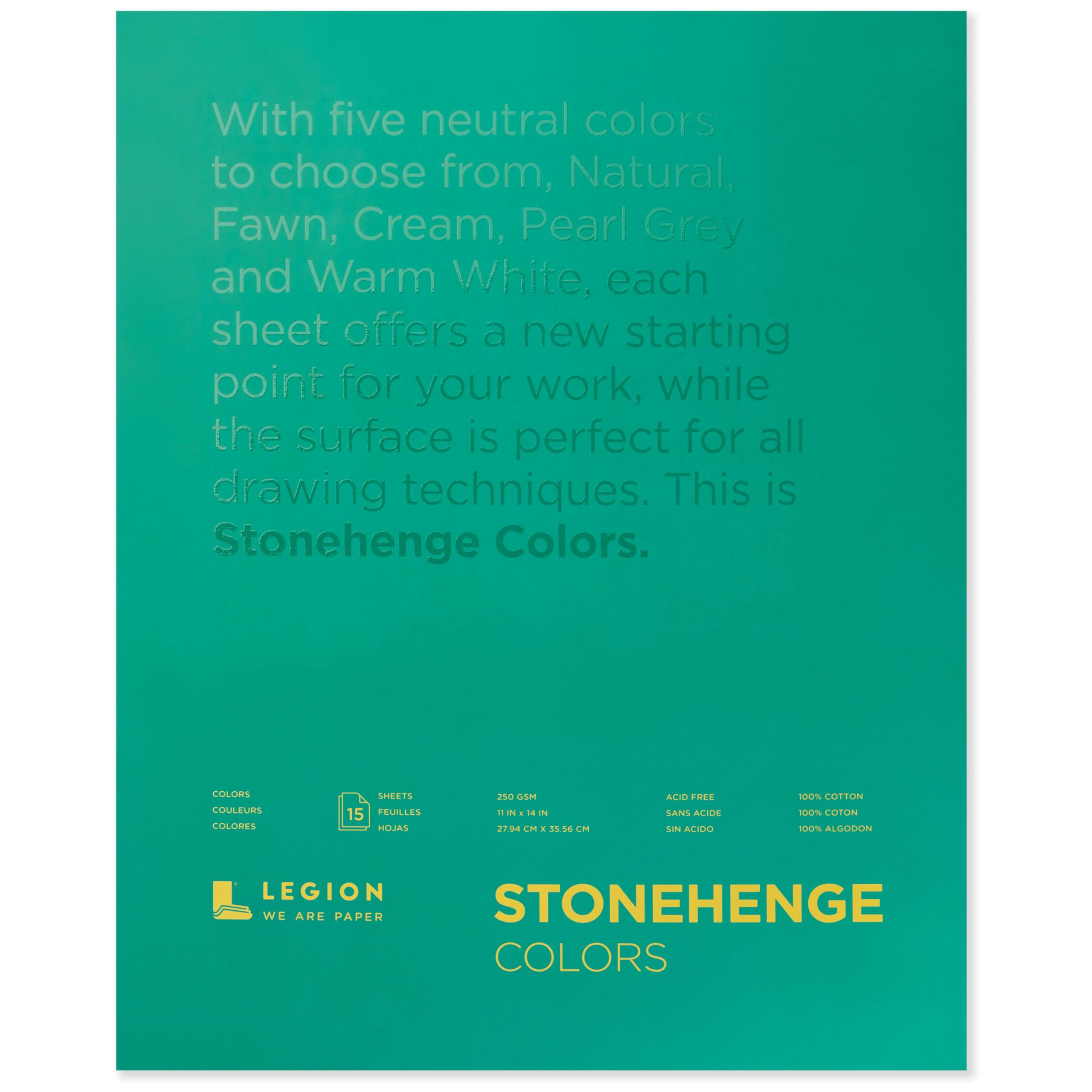 Stonehenge 100% Cotton Medium Weight Pad, Multi-Color (Warm White, Natural, Cream, Fawn, Pearl Grey), 11 x 14 inches, 250gsm, 15 Sheets for Dry Media