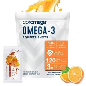 coromega omega 3 fish oil supplement, 650mg of omega-3s with 3x better absorption than softgels, orange flavor, 120 single serve squeeze packets