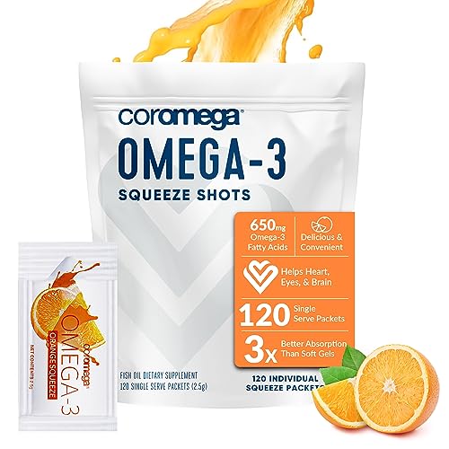 Coromega Omega 3 Fish Oil Supplement, 650mg of Omega-3s with 3X Better Absorption Than Softgels, Orange Flavor, 120 Single Serve Squeeze Packets