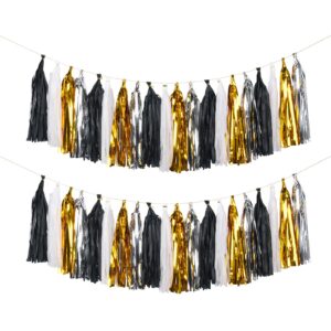 merrynine tissue tassels garlands, 40pcs tassels, 19.5 ft long tassels, for halloween, mother's day,wedding, baby shower, event & party supplies decoration (gold/silver/black/white set)