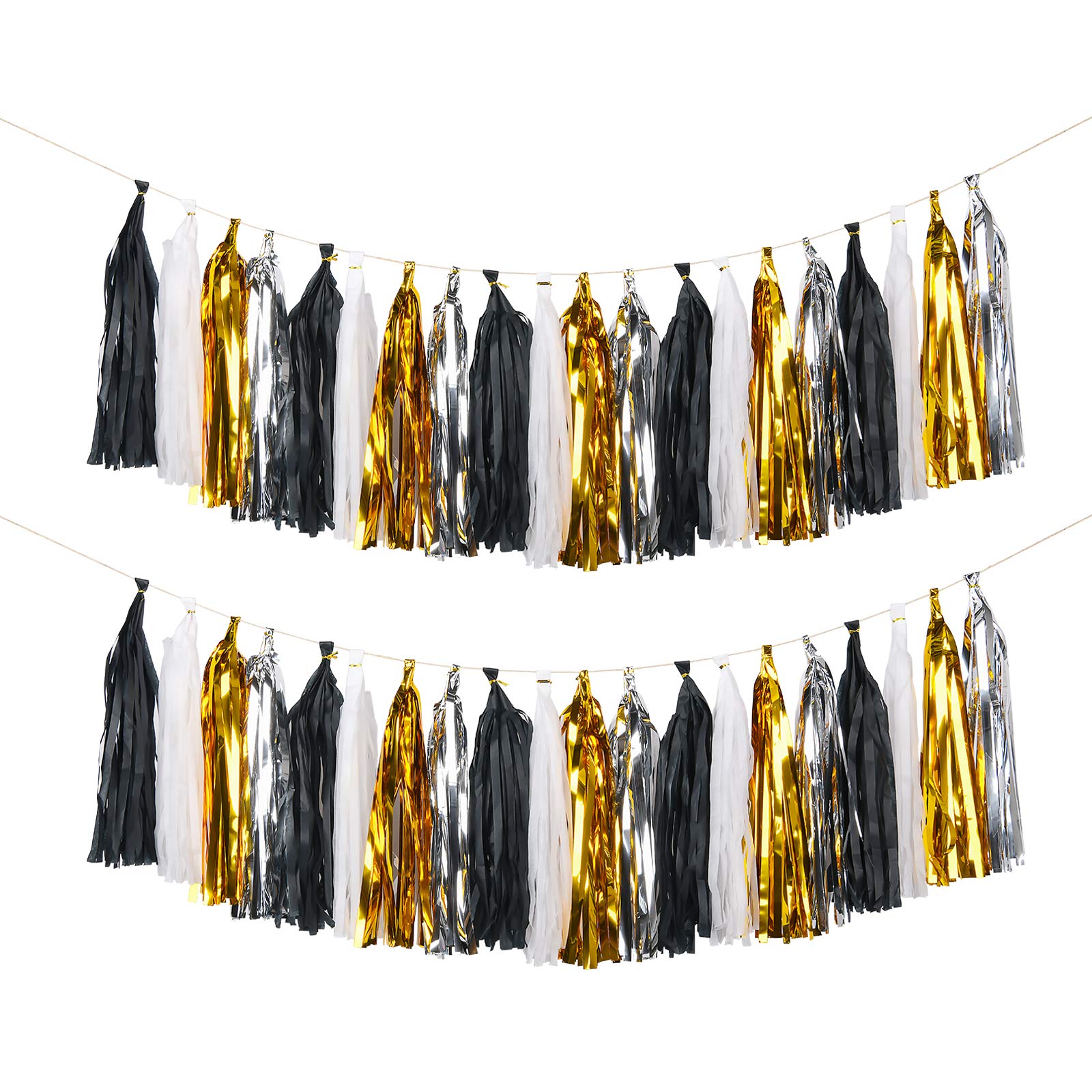 MerryNine Tissue Tassels Garlands, 40PCS Tassels, 19.5 ft Long Tassels, for Halloween, Mother's Day,Wedding, Baby Shower, Event & Party Supplies Decoration (Gold/Silver/Black/White Set)