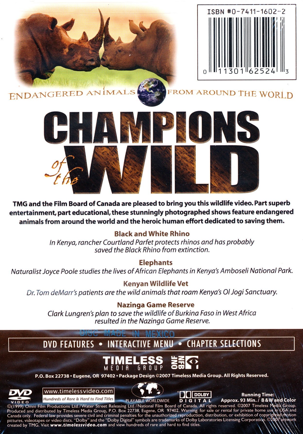 Champions of the Wild-endangered animals from around the world; Black & White Rhino, Elephants, Kenyan Wildlife Vet, Nazinga Game Reserve