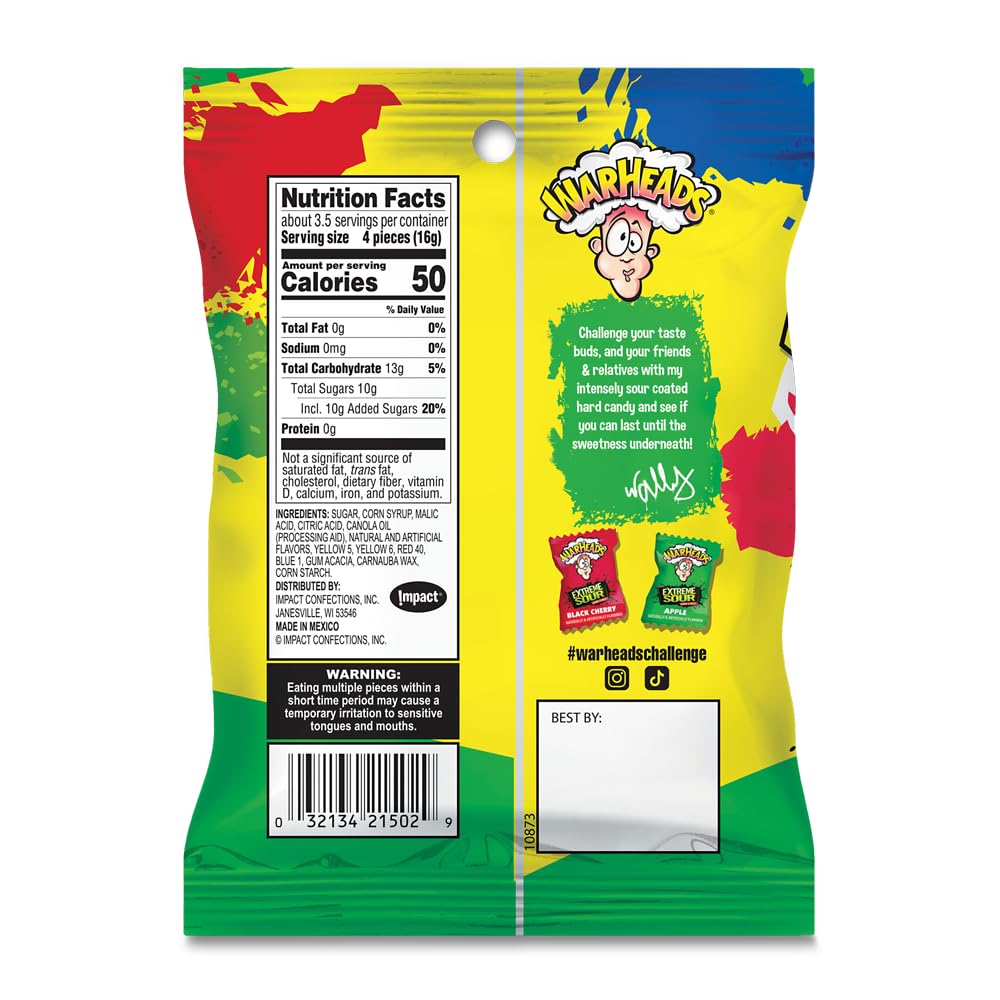 WARHEADS - Extreme Sour Hard Candy - Assorted Flavors - Sour Apple, Black Cherry, Blue Raspberry, Lemon & Watermelon Flavors - 2 oz. Bag