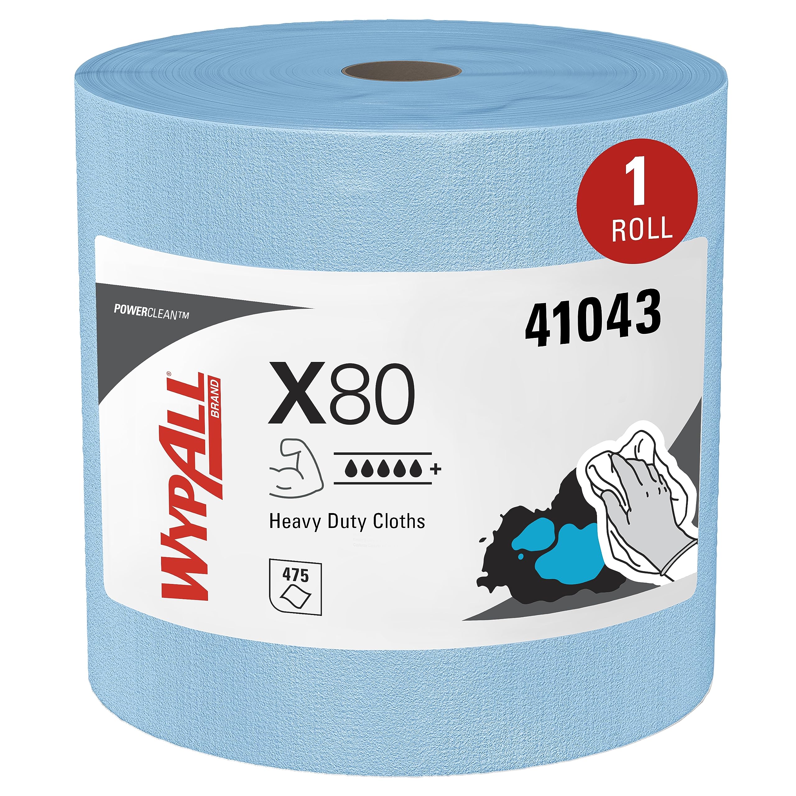 WypAll Power Clean X80 Heavy Duty Cloths (41043), Extended Use Cloths Jumbo Roll, Blue, 475 Sheets / Roll; 1 Roll / Case,8347