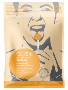 glyde vanilla flavored ultra thin condoms - 4 count - organic flavor extract, ultra-thin, vegan, non-toxic, medium size natural rubber latex, 53mm standard fit