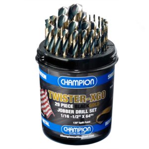 champion cutting tool corp twister-xgo champion cutting tool heavy duty black & gold 29piece jobber drill bit set- made in usa, 135° split pt., 1/16"-1/2"x 64ths,