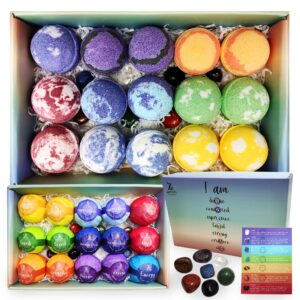 chakra healing gemstones bath bombs. 15 essential oil bath bombs. real chakra stones bath bombs for adults. perfect for yoga lovers. meditation, balancing, positive energy, sleep, reiki & yoga lovers