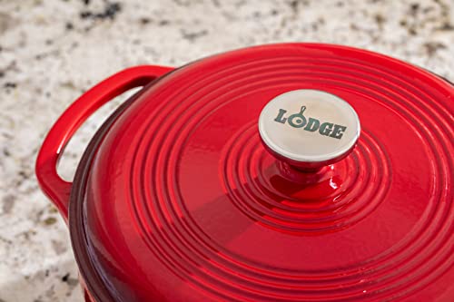 Lodge 4.5 Quart Enameled Cast Iron Dutch Oven with Lid – Dual Handles – Oven Safe up to 500° F or on Stovetop - Use to Marinate, Cook, Bake, Refrigerate and Serve – Island Spice Red