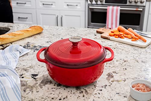 Lodge 4.5 Quart Enameled Cast Iron Dutch Oven with Lid – Dual Handles – Oven Safe up to 500° F or on Stovetop - Use to Marinate, Cook, Bake, Refrigerate and Serve – Island Spice Red