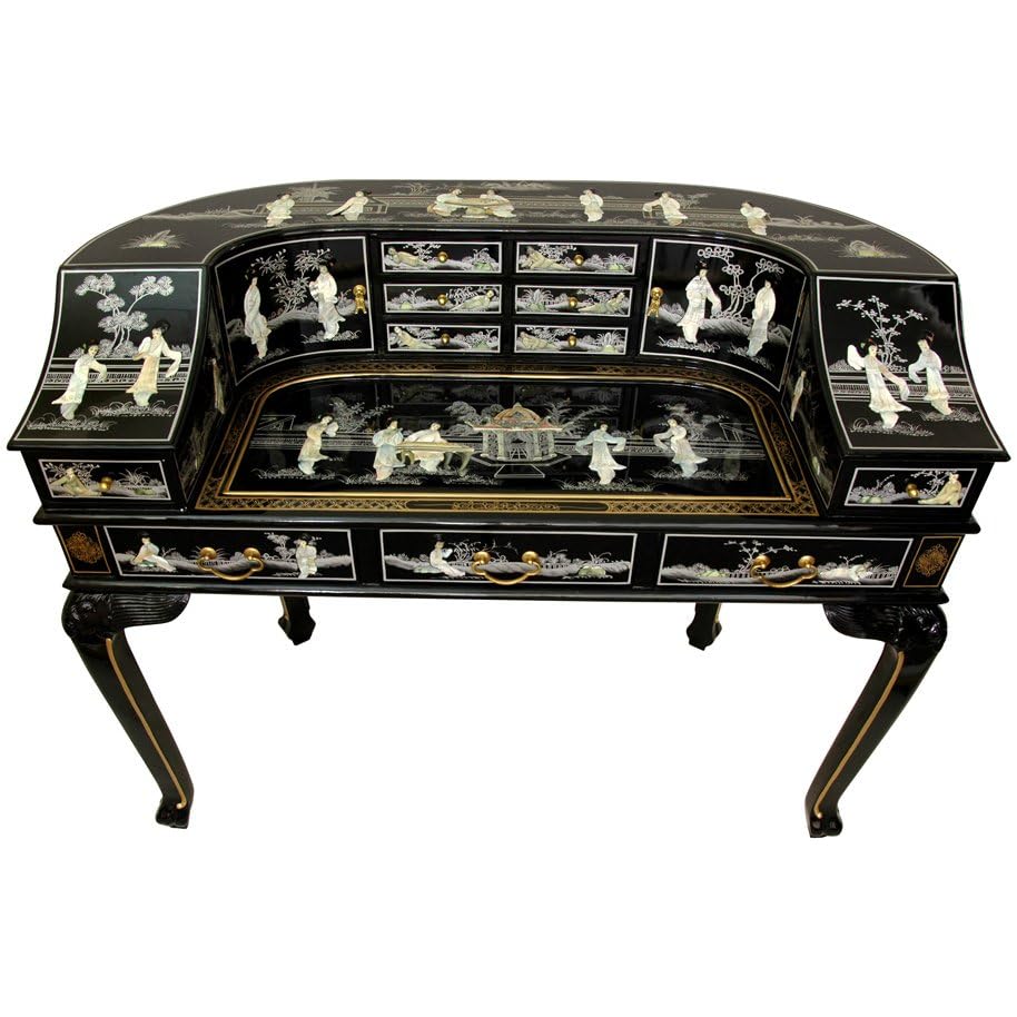 Oriental Furniture Black Lacquer Ladies Desk w/ Mother of Pearl