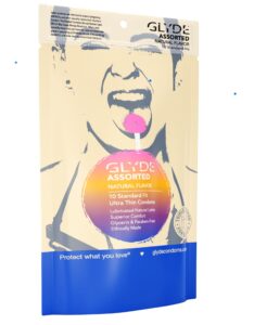 glyde assorted flavored ultra thin condoms - 10 count - organic flavor extract, ultra-thin, vegan, non-toxic, medium size natural rubber latex, 53mm yummy standard fit