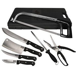 weston 10-piece game processing knife kit, 8" butcher, 6" cleaver, 5.3" fillet, and 4.2" skinning knives, adjustable 12.25" butcher saw, sharpener, shears & storage case, stainless steel (83-7001-w)