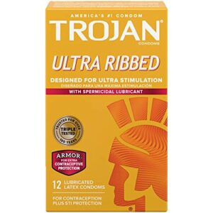 trojan stimulations ultra ribbed spermicidal condoms, 12 count