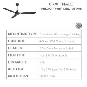 Craftmade VE58FB3 Velocity Aerodynamic Modern Industrial Heavy-duty 58" Ceiling Fan with Wall Control, 3 Blades, Flat Black