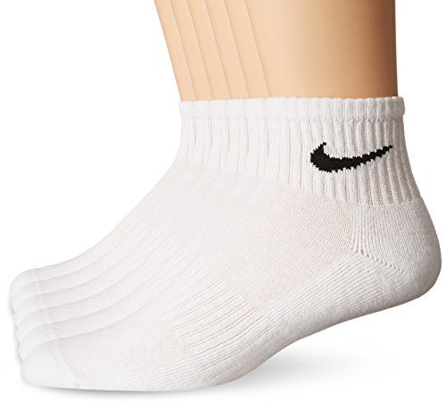 NIKE Unisex Performance Cushion Quarter Socks with Bag (6 Pairs), White/Black, Large