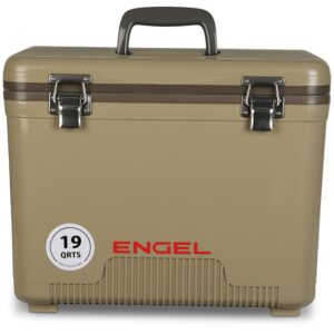 engel uc19 19qt leak-proof, air tight, drybox cooler and small hard shell lunchbox for men and women in tan