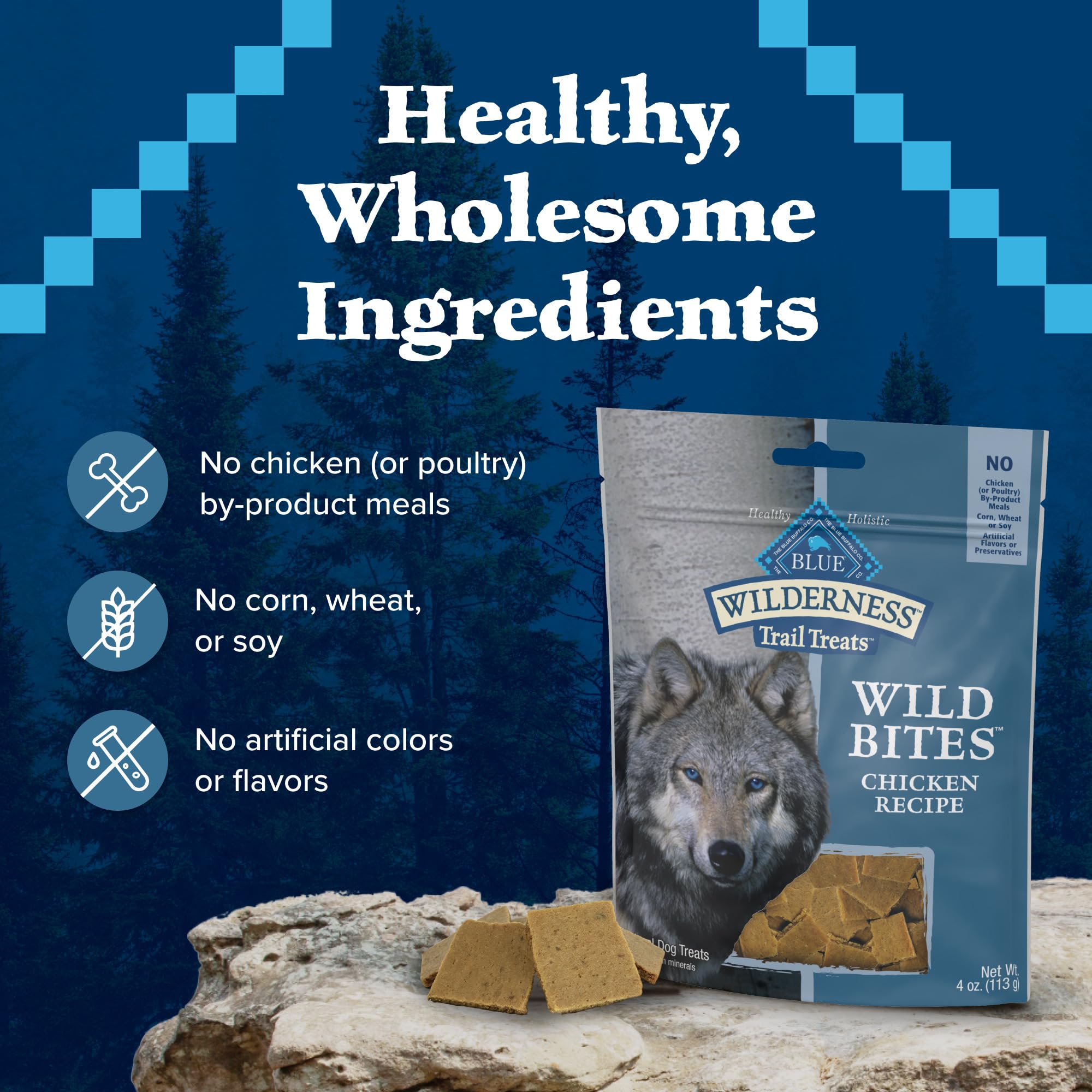 Blue Buffalo Wilderness Trail Treats Wild Bites Dog Treats, Grain-Free and High-Protein Soft-Moist Dog Treats Made with Natural Ingredients, Chicken Recipe, 4-oz. Bag