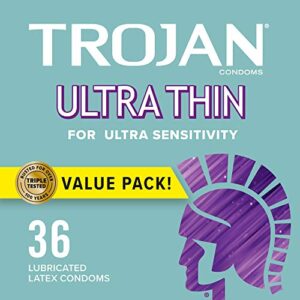 trojan ultra thin condoms for ultra sensitivity, lubricated condoms for men, america’s number one condom, 36 count value pack