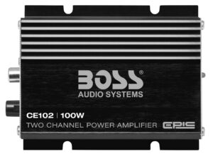 boss audio systems ce102 2 channel car amplifier - 100 watts, full range, class a/b, ic (integrated circuit)