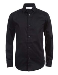 calvin klein boys' long sleeve sateen dress shirt, button-down style with buttoned cuffs & shirttail hem, black, 20