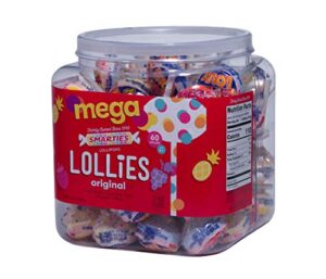 smarties lollies mega | vegan, gluten free, peanut & fat free fruity flavors childhood treat, perfect for parties & celebrations | made by us candy company since 1949 - 4 pounds jar 60 counts