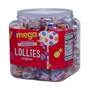 Smarties Lollies Mega | Vegan, Gluten Free, Peanut & Fat Free Fruity Flavors Childhood Treat, Perfect for Parties & Celebrations | Made by US Candy Company Since 1949 - 4 Pounds Jar 60 Counts