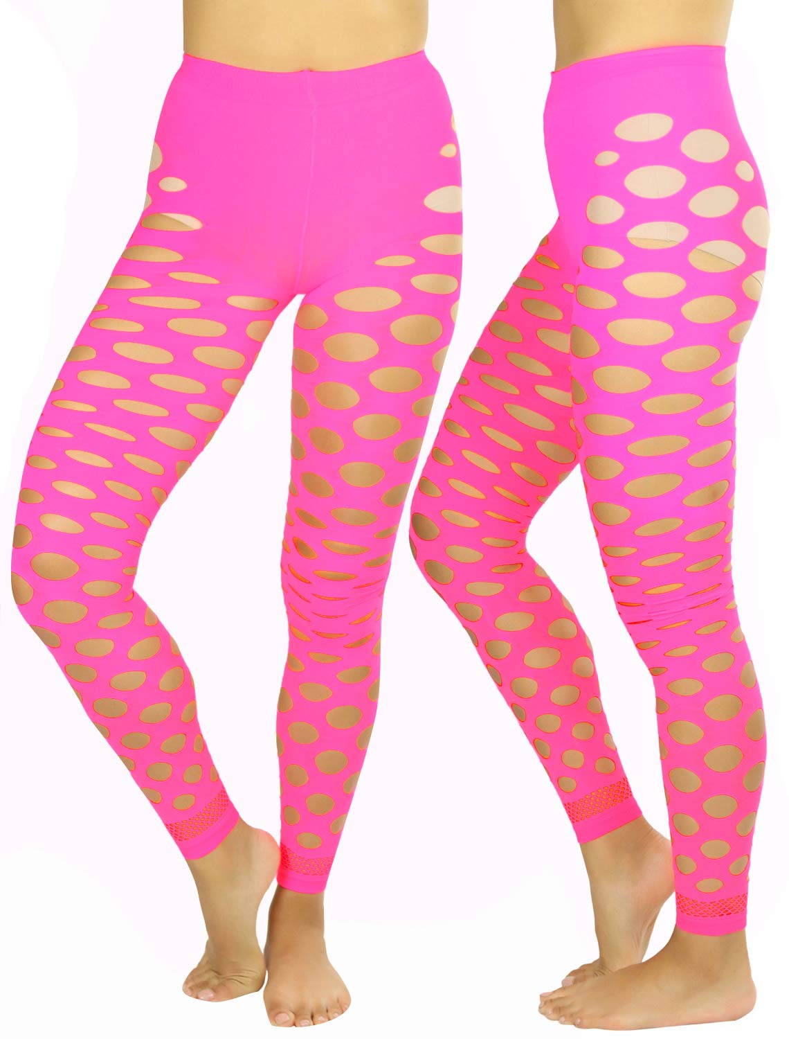 ToBeInStyle Women's Fishnet Slashed Leggings w/Footless Design - One Size - Hot Neon Pink