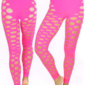 ToBeInStyle Women's Fishnet Slashed Leggings w/Footless Design - One Size - Hot Neon Pink