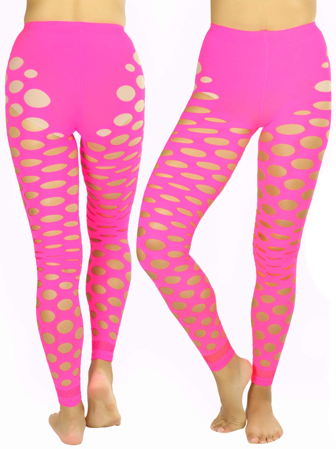 ToBeInStyle Women's Fishnet Slashed Leggings w/Footless Design - One Size - Hot Neon Pink